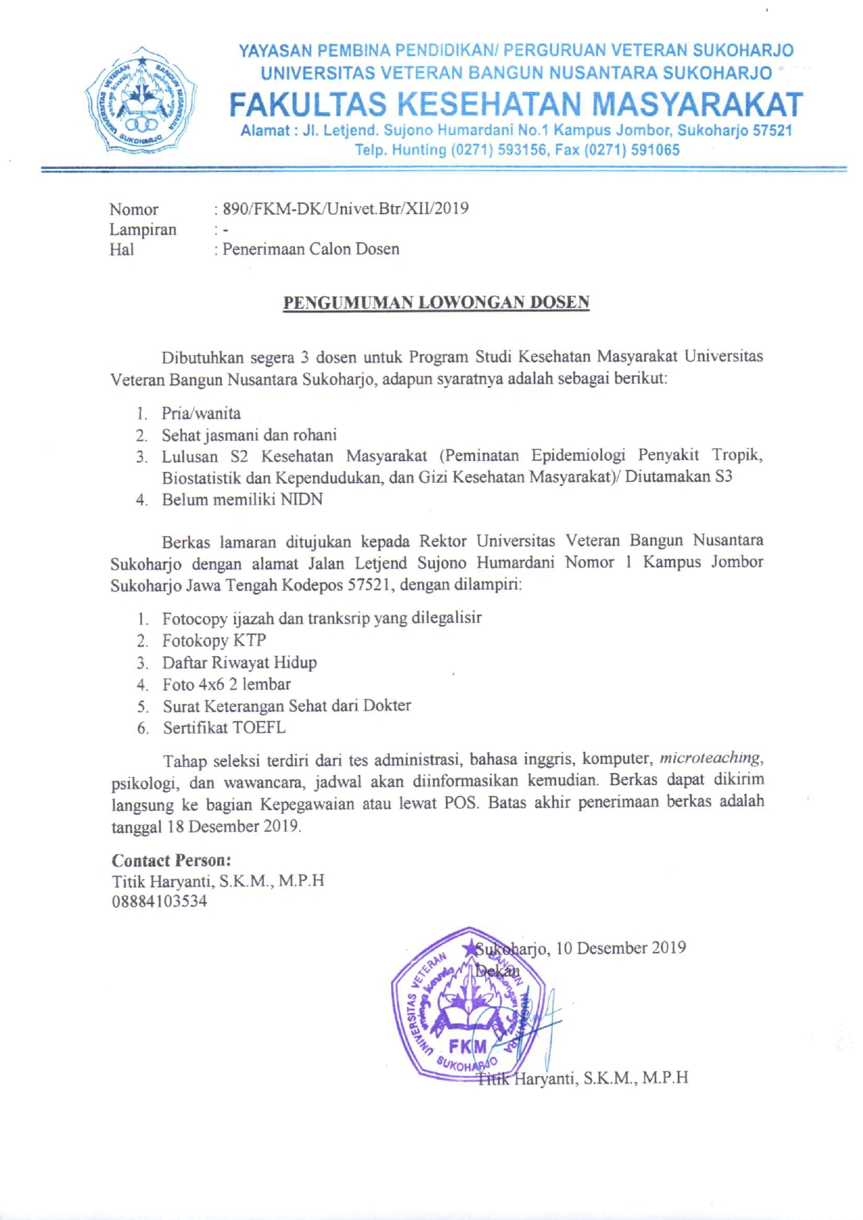 Lowongan Dosen – Program Studi S-1 Kesehatan Masyarakat Lowongan Dosen – Program Studi S-1 Kesehatan Masyarakat